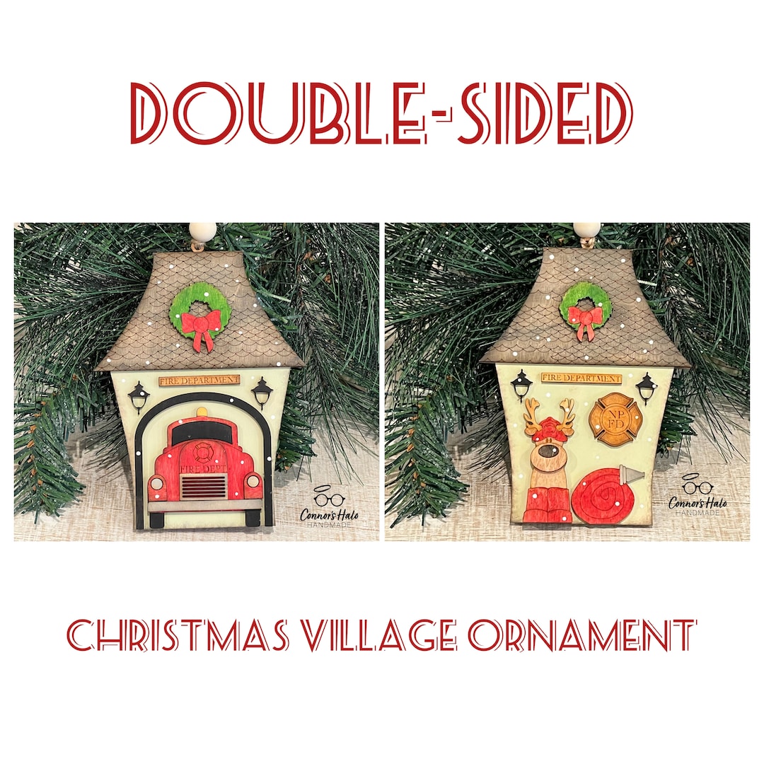 Reindeer Firehouse Christmas Village Ornament, 7”x5” Cute Double-sided ...