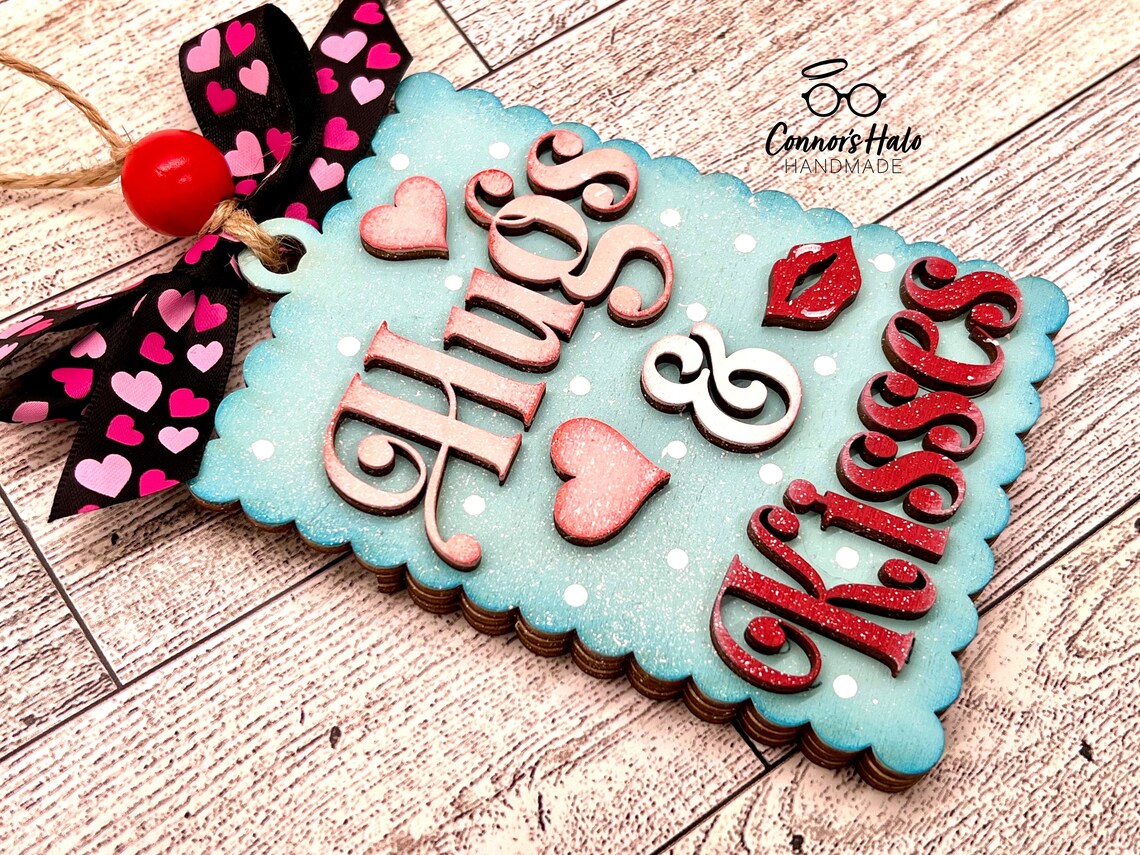 Hugs & Kisses Valentines Day Hand Painted Gift Tag, Whimsical Gift Card ...