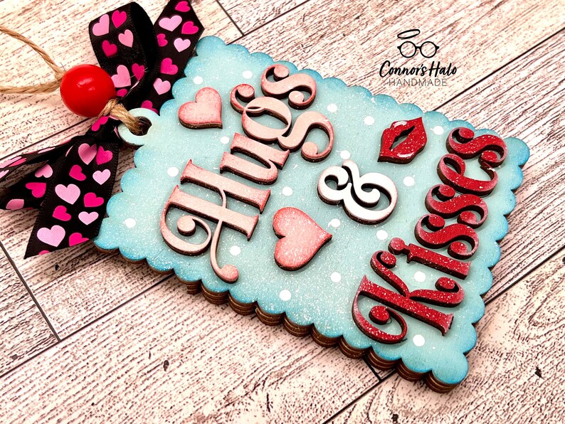 Hugs & Kisses Valentines Day Hand Painted Gift Tag, Whimsical Gift Card ...