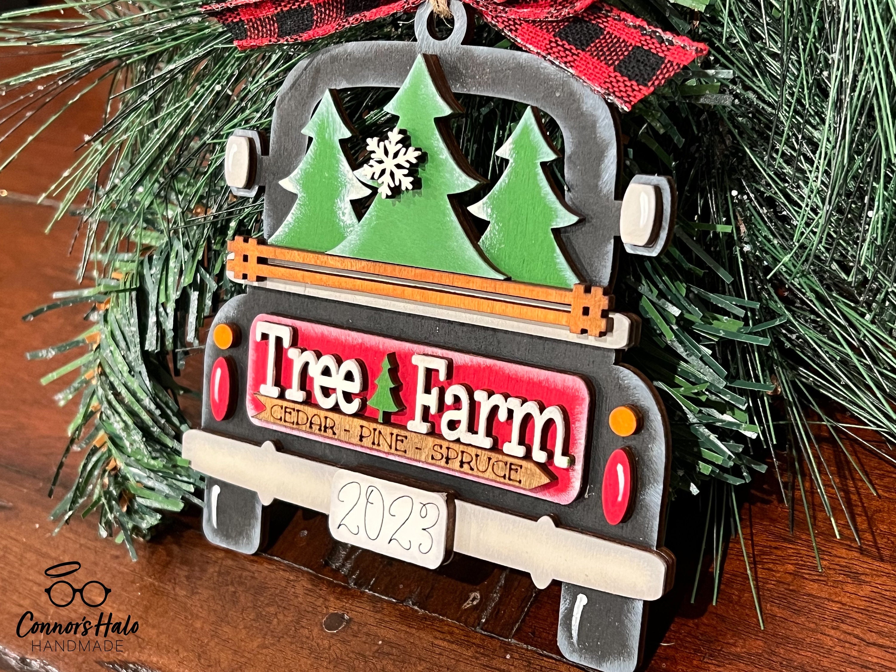 Tree Farm Retro Farmhouse Truck Christmas Ornament, 5x5”, Handmade Wood ...