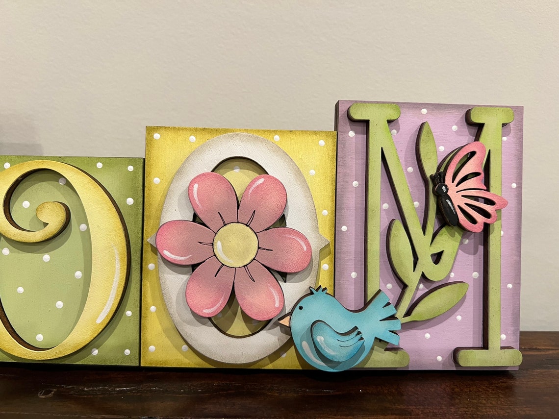 Bloom Hand Painted Wood Word Blocks, Whimsical Shelf Sitter 14.5”x5 ...