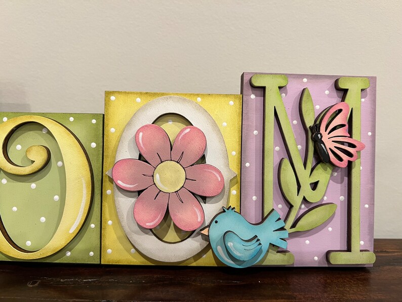 Bloom Hand Painted Wood Word Blocks, Whimsical Shelf Sitter 14.5x5 ...