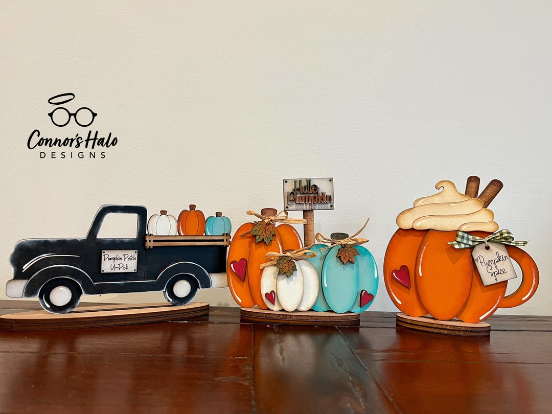 Farmhouse Fall Retro Truck, Pumpkins, Pumpkin Spice Latte Shelf Sitters ...