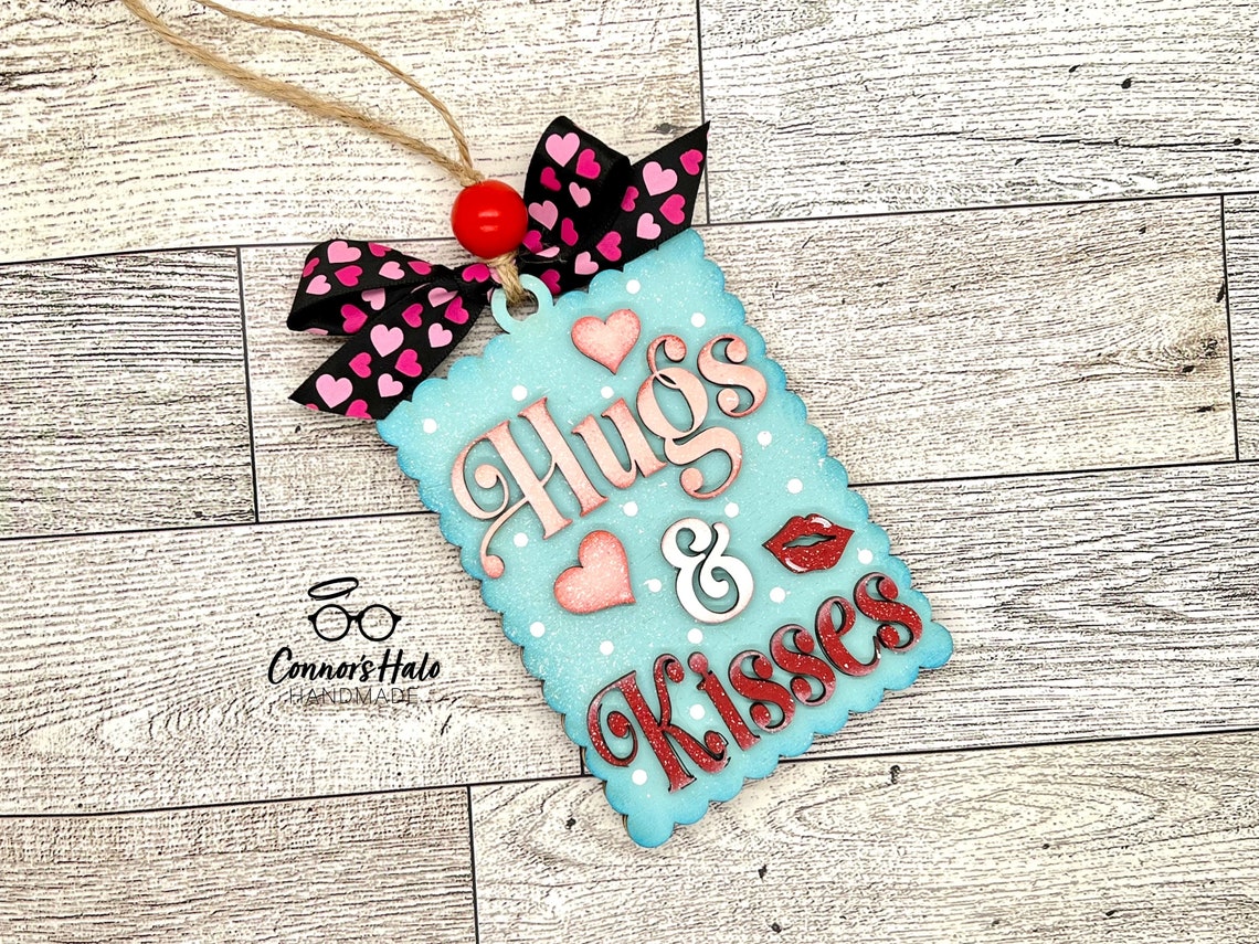Hugs & Kisses Valentines Day Hand Painted Gift Tag, Whimsical Gift Card ...