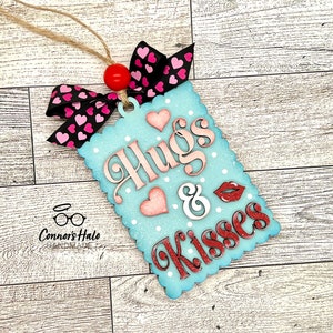 Hugs & Kisses Valentines Day Hand Painted Gift Tag, Whimsical Gift Card ...