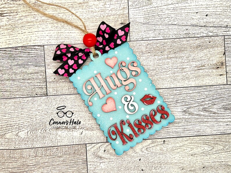 Hugs & Kisses Valentines Day Hand Painted Gift Tag, Whimsical Gift Card ...