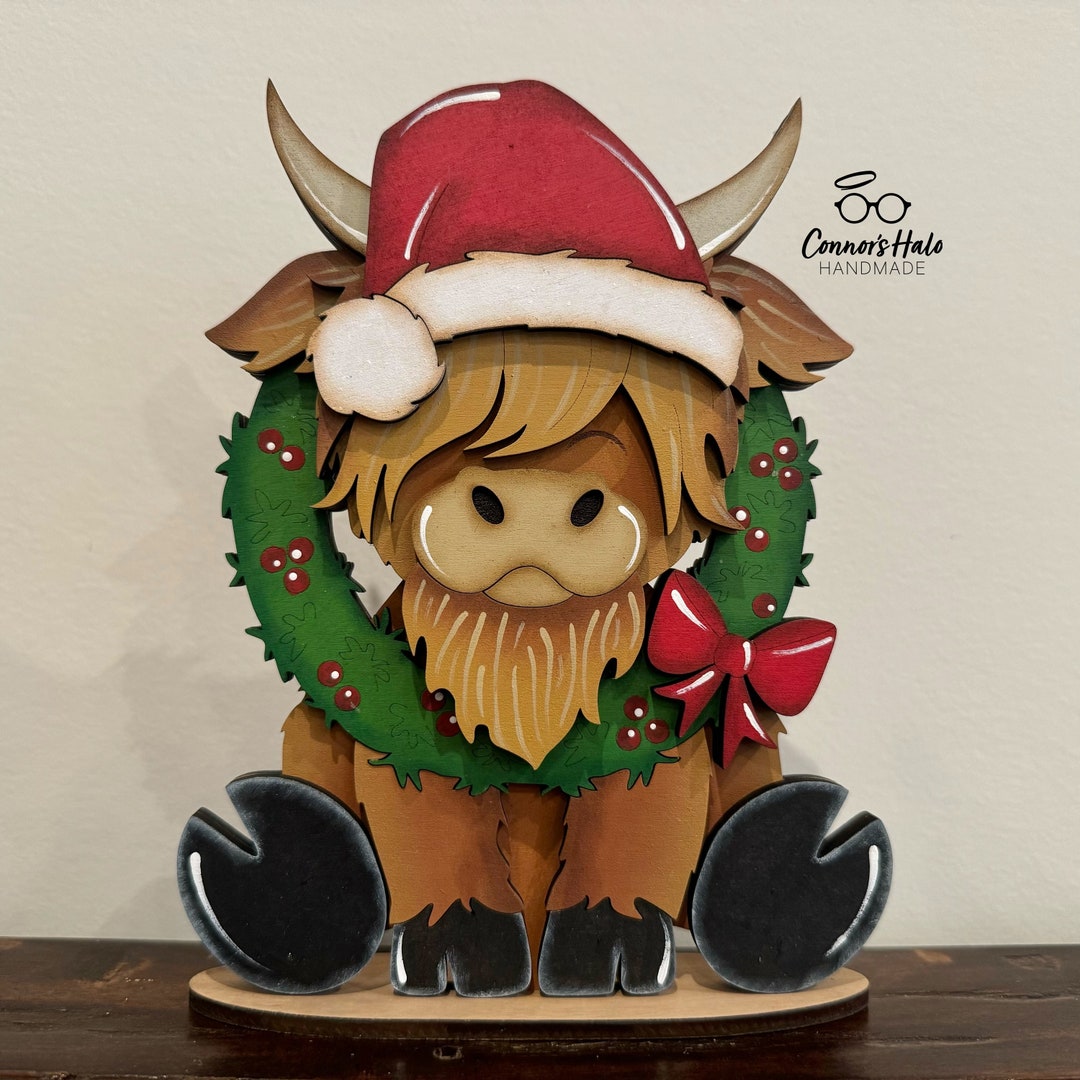 Cute Christmas Highland Cow Hand Painted Wood Shelf Sitter, Farmhouse ...