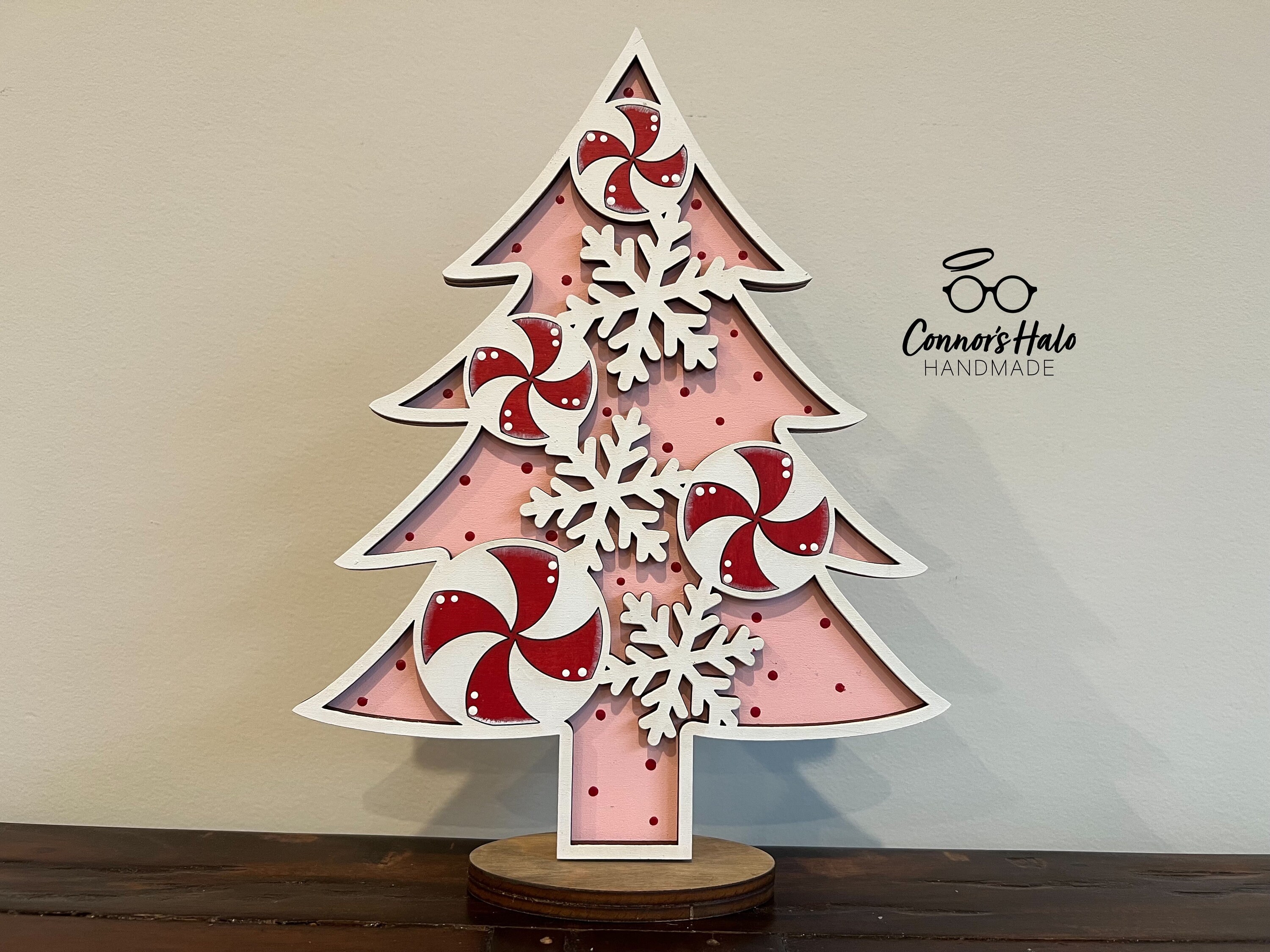 Pink Peppermint Candy Wood Christmas Tree Shelf Sitter, 10x8, Hand ...