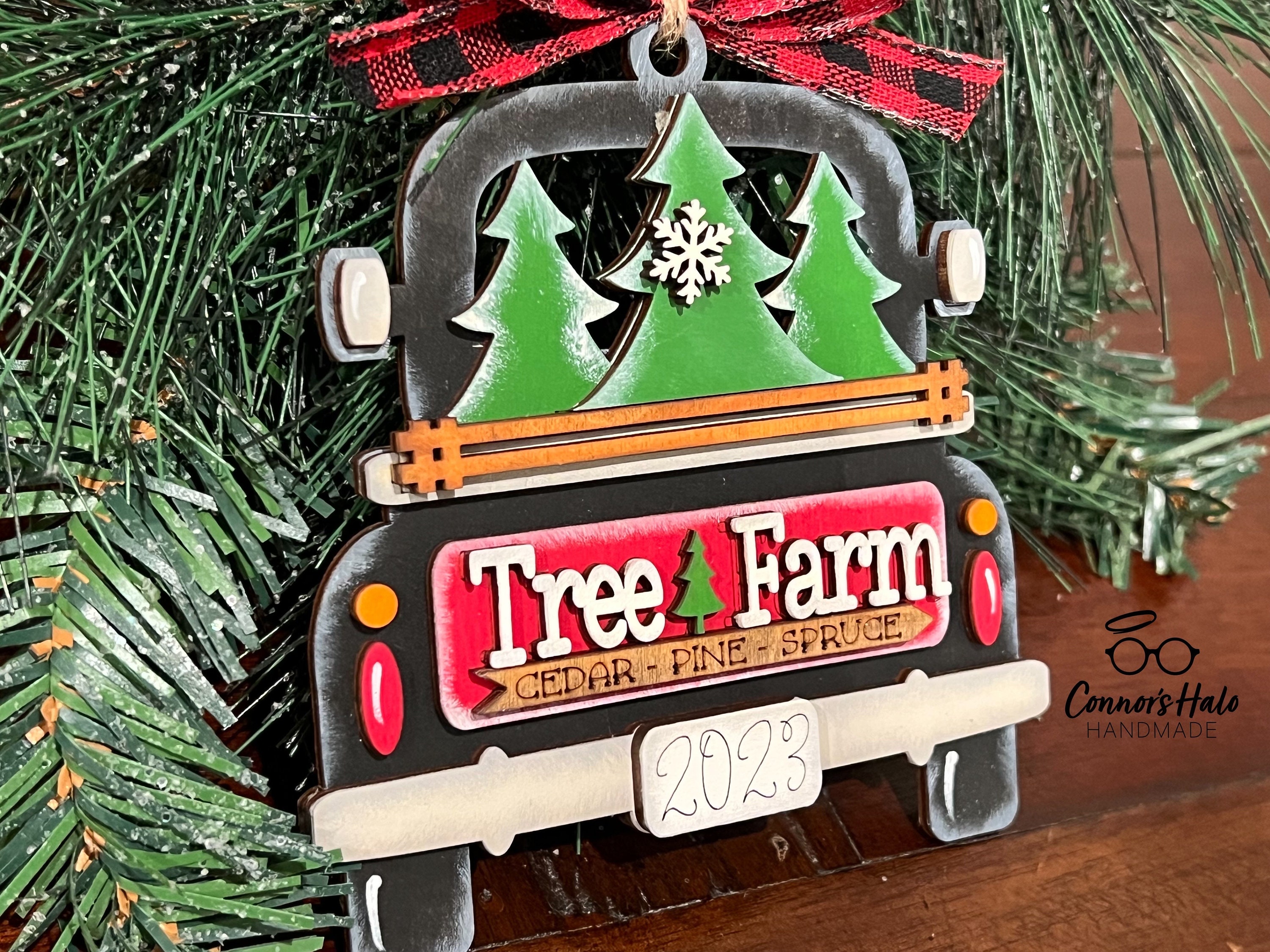 Tree Farm Retro Farmhouse Truck Christmas Ornament, 5x5”, Handmade Wood ...
