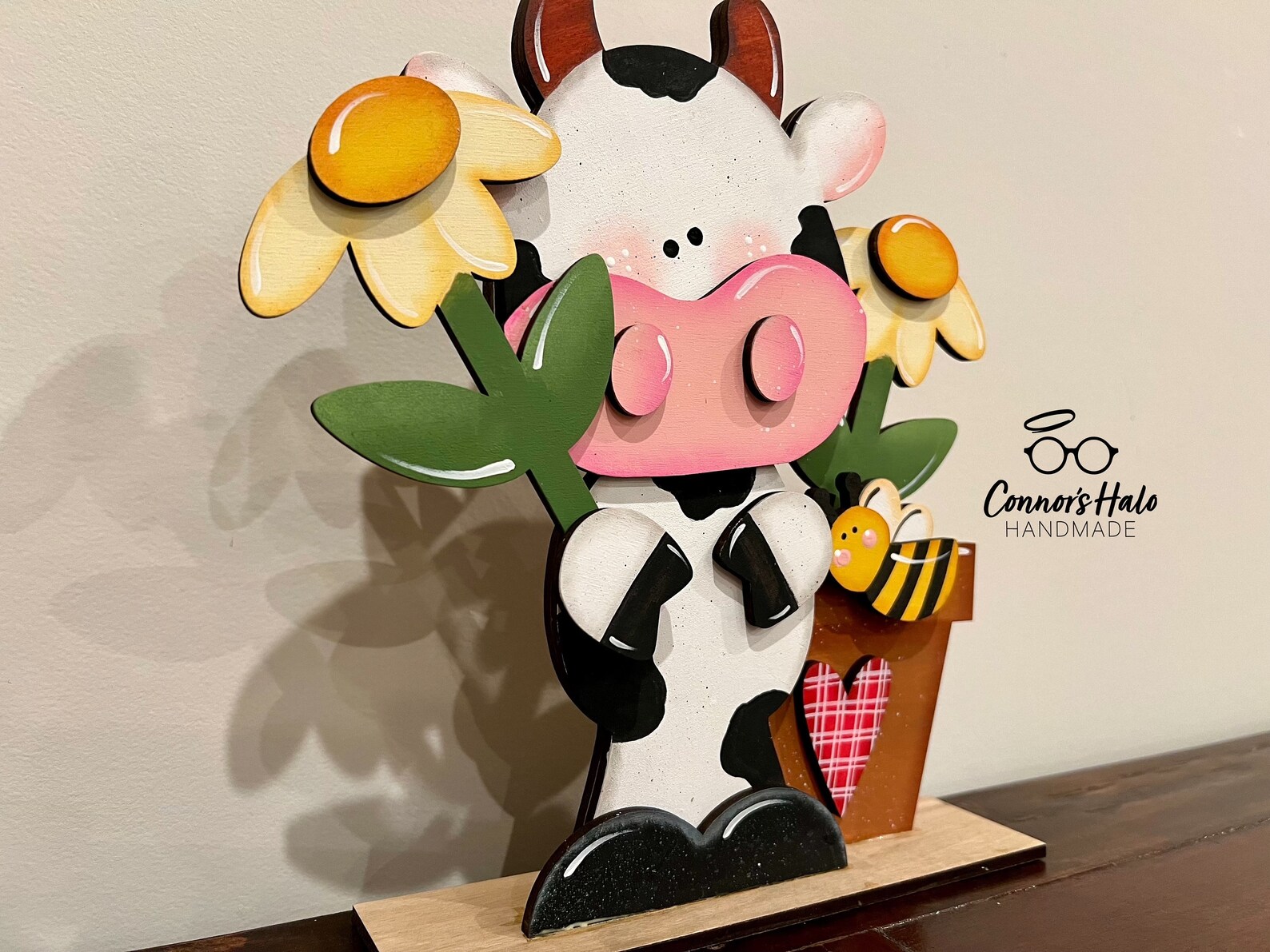Cute Cow With Flowers Shelf Sitter, Hand Painted Home Decor, Farmhouse ...