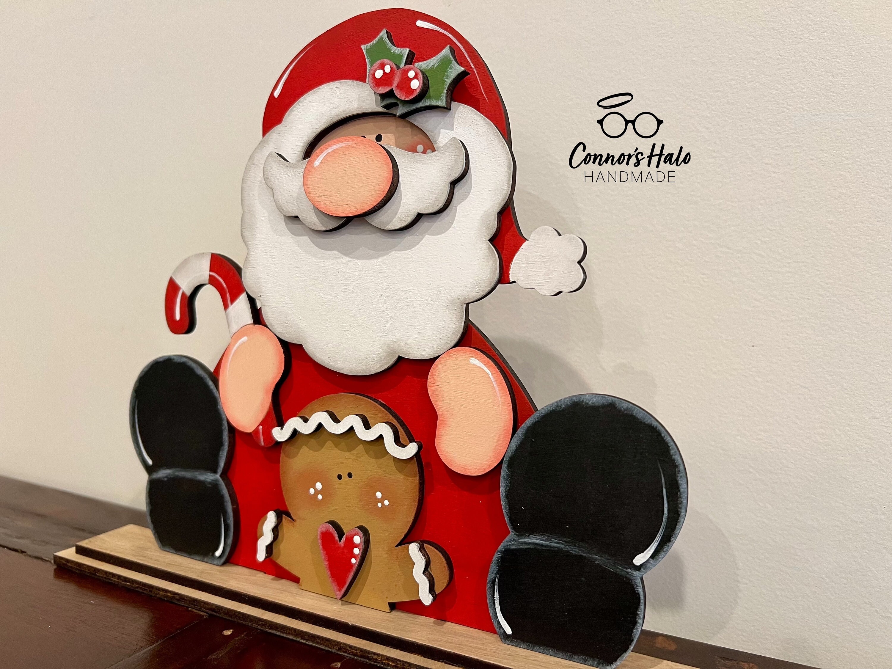 Hand Painted Sitting Santa Claus With Gingerbread Christmas Wood Shelf ...
