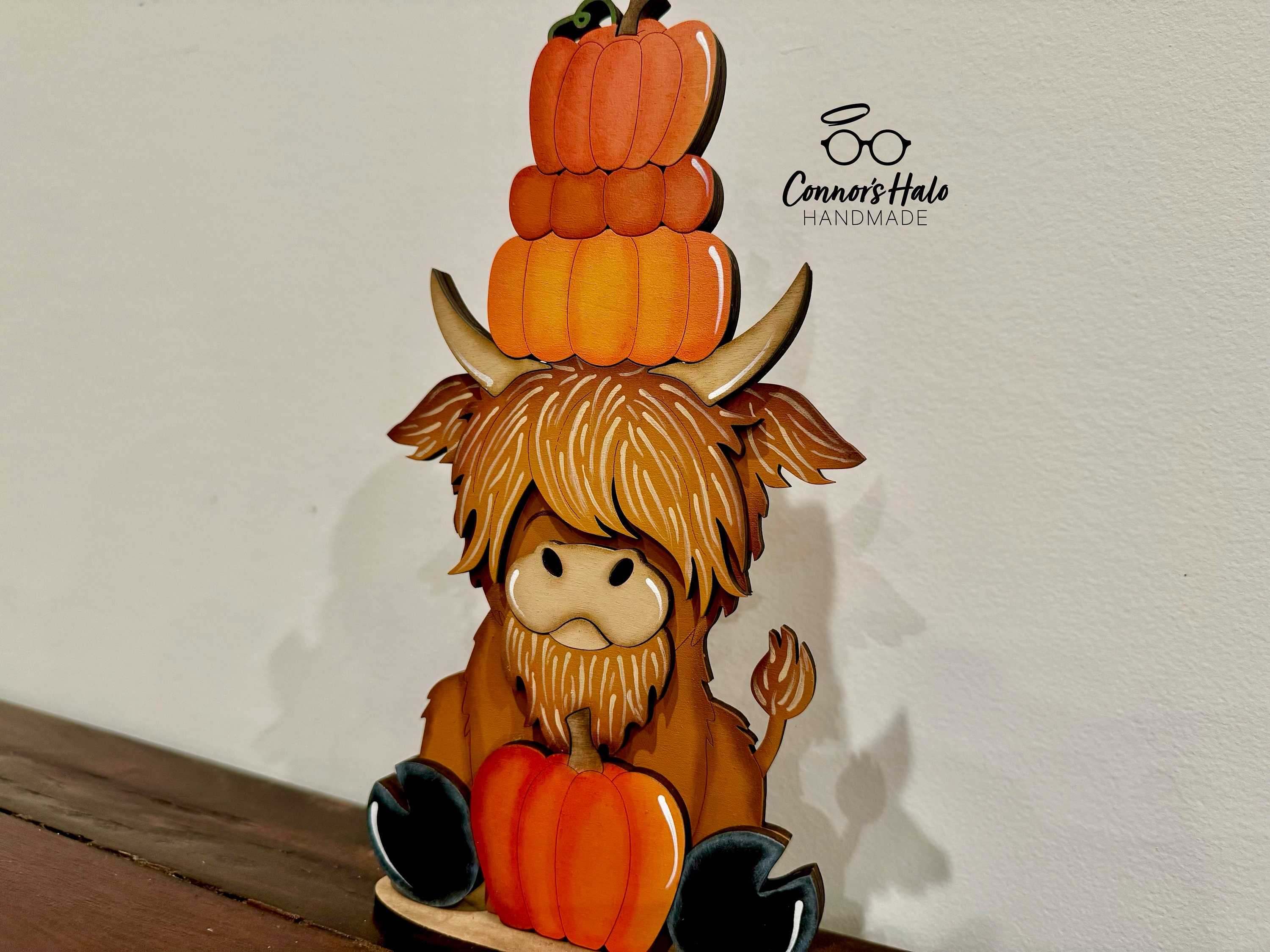 Hand Painted Fall Highland Cow Shelf Sitter, Whimsical Tabletop Decor ...
