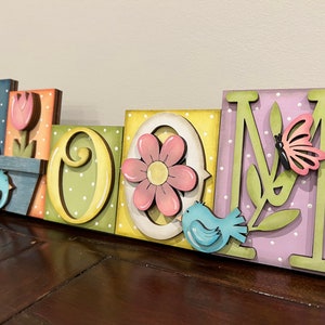Bloom Hand Painted Wood Word Blocks, Whimsical Shelf Sitter 14.5”x5 ...