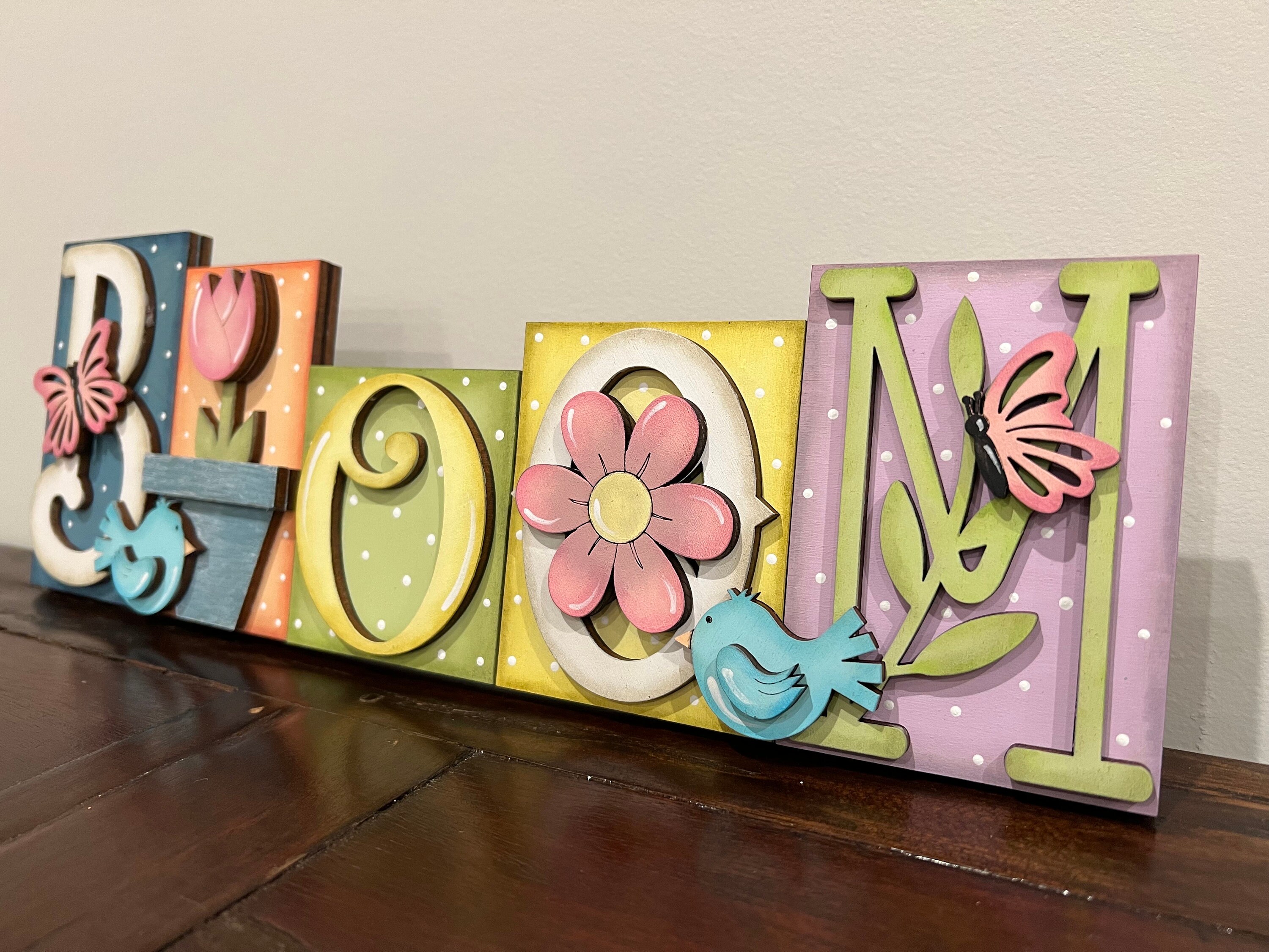 Bloom Hand Painted Wood Word Blocks, Whimsical Shelf Sitter 14.5x5 ...