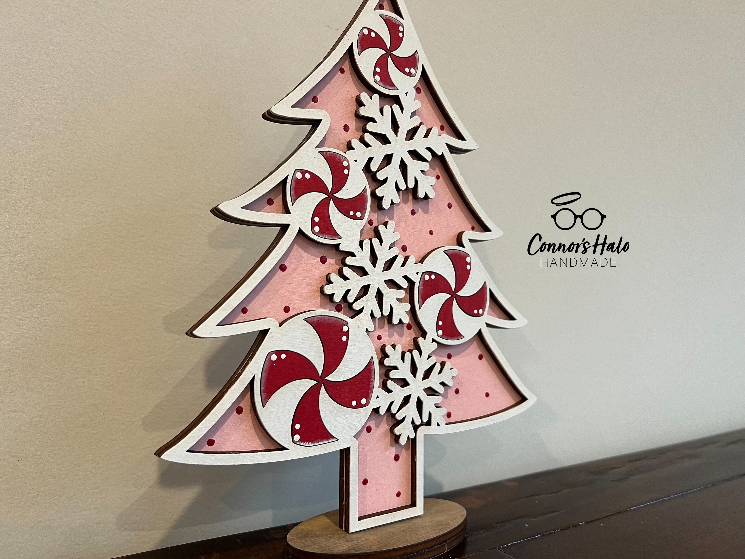 Pink Peppermint Candy Wood Christmas Tree Shelf Sitter, 10x8, Hand Painted Tabletop Decoration ...