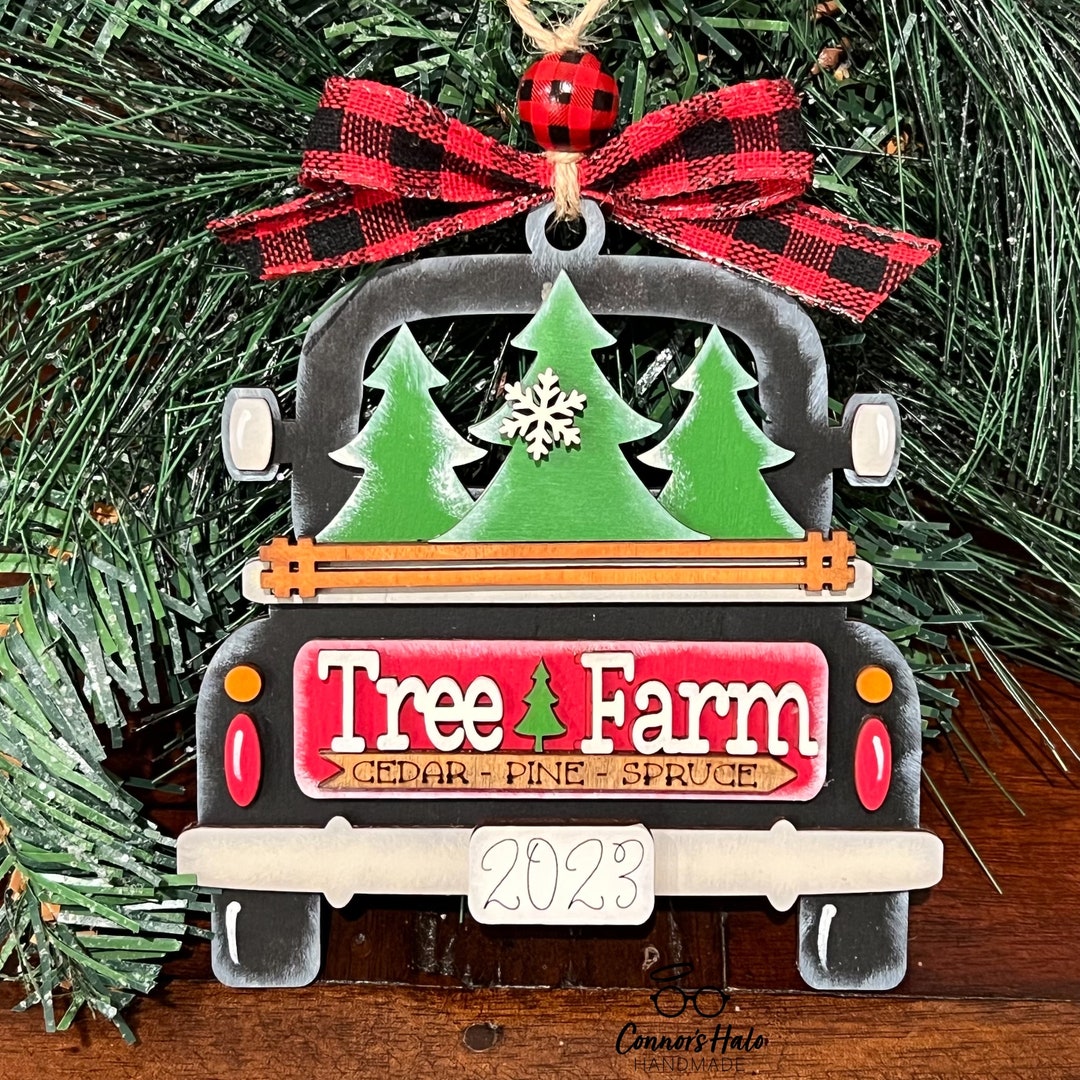 Tree Farm Retro Farmhouse Truck Christmas Ornament, 5x5”, Handmade Wood ...