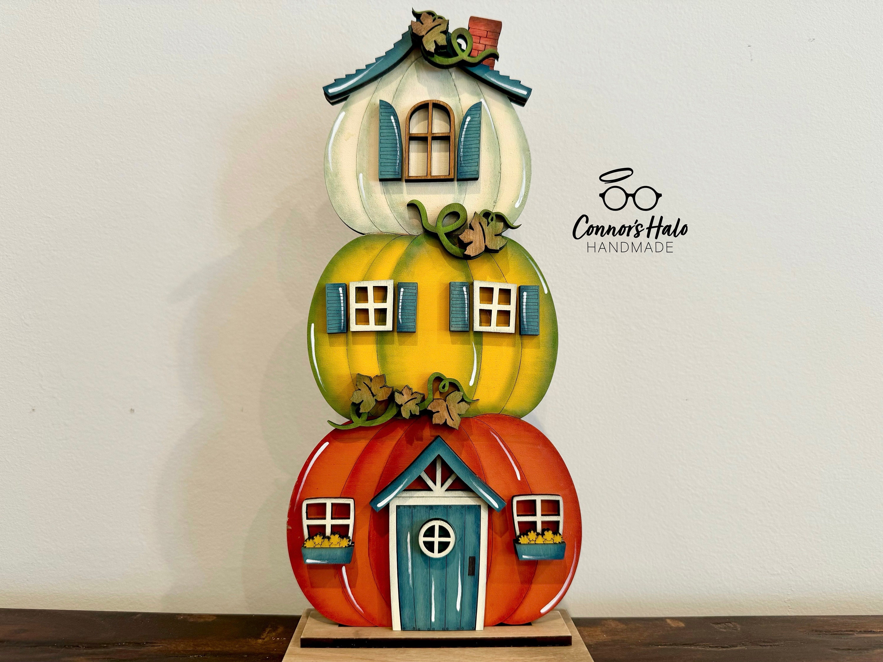 Hand Painted Fall Pumpkin House Shelf Sitter Home Decor, Whimsical ...