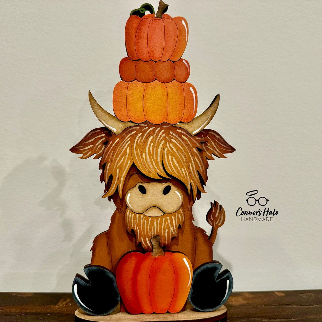 Hand Painted Fall Highland Cow Shelf Sitter, Whimsical Tabletop Decor ...