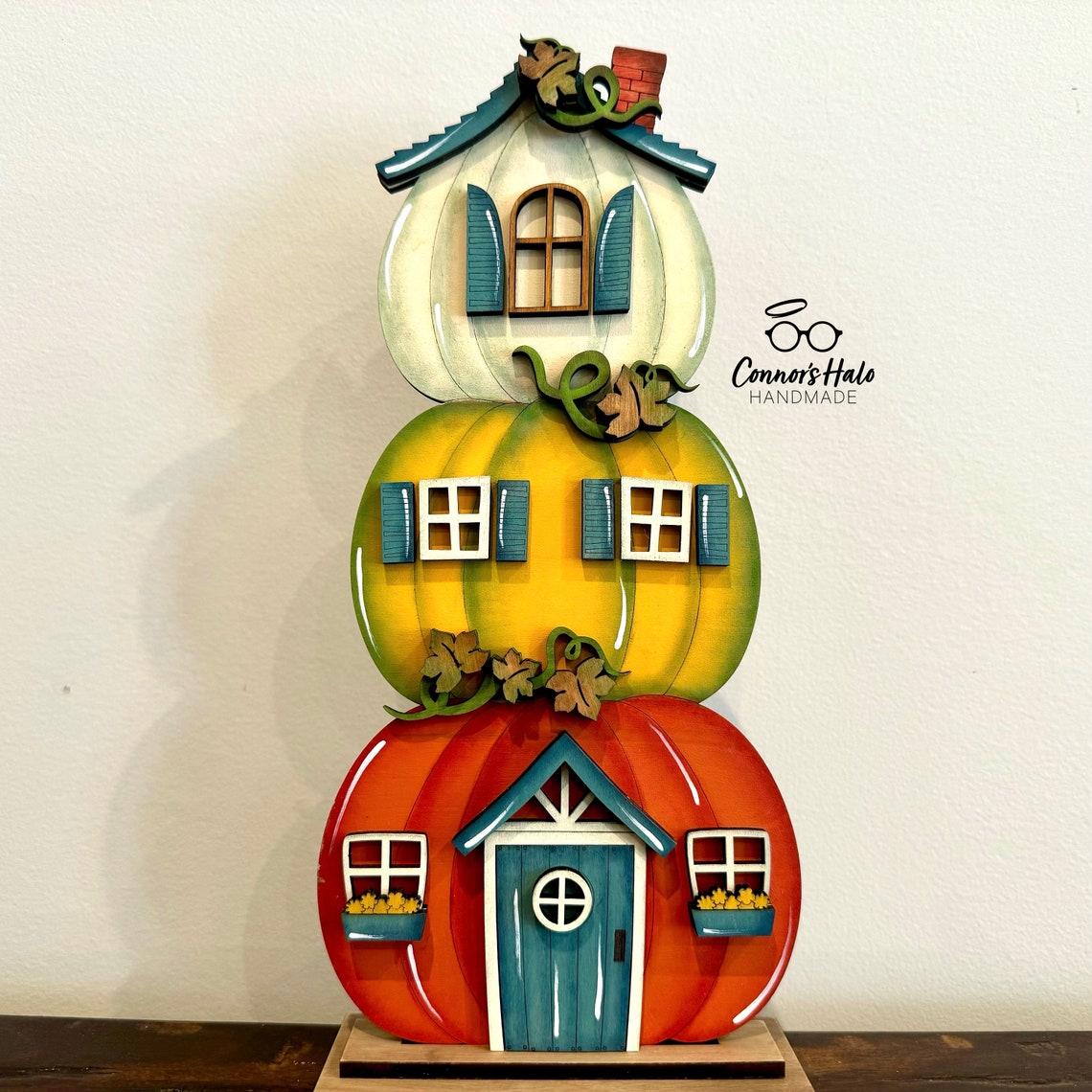 Hand Painted Fall Pumpkin House Shelf Sitter Home Decor, Whimsical ...