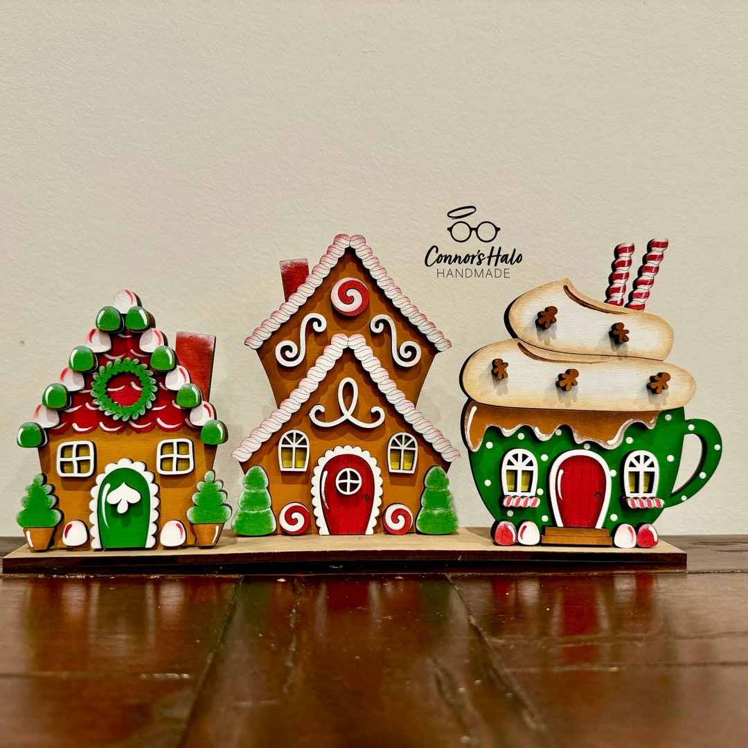 Hand Painted Gingerbread Houses Christmas Shelf Sitter, Fun Holiday ...