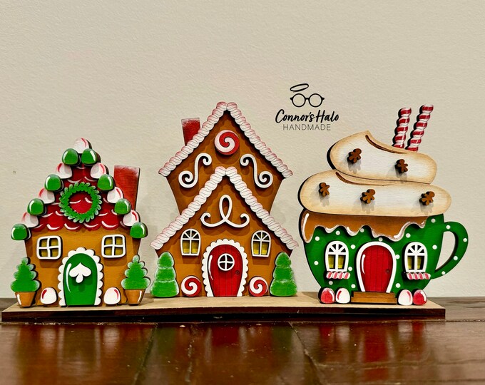 Hand Painted Gingerbread Houses Christmas Shelf Sitter, Fun Holiday ...