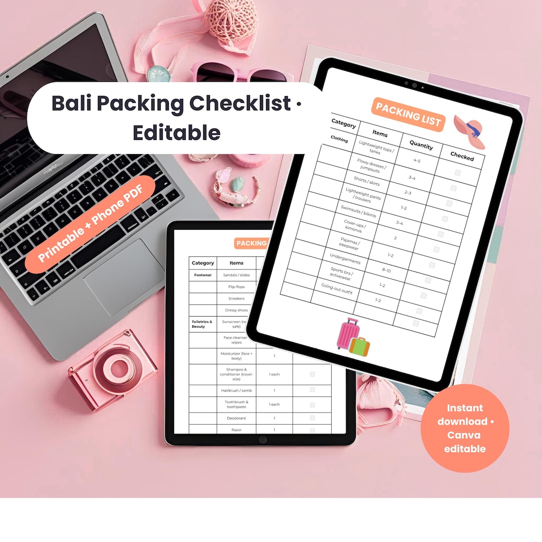 Bali Packing List (editable) | Travel Checklist Printable | Travel ...