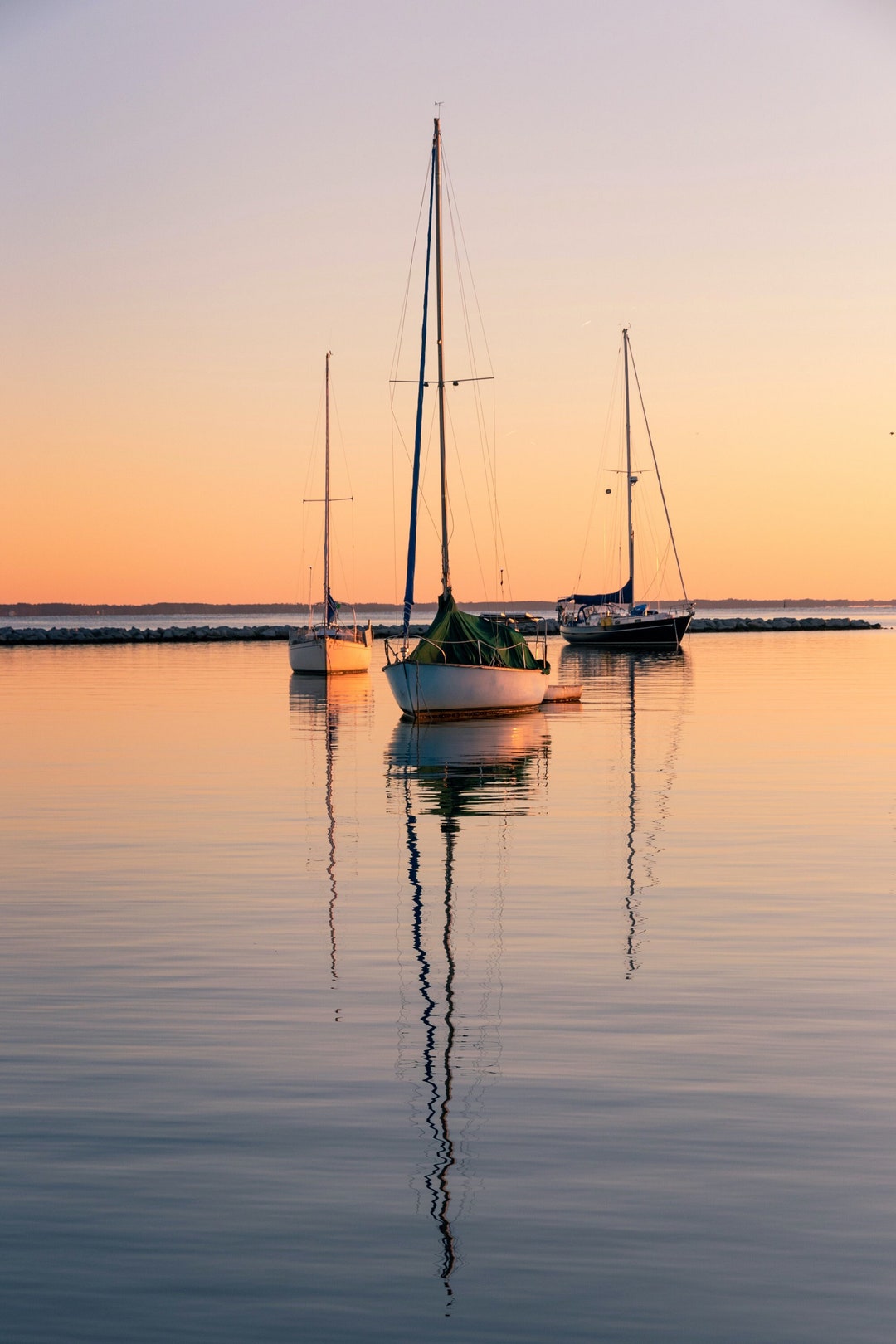 Sailboats Anchored in a Calm Harbor Print | Sunset Over the Water ...