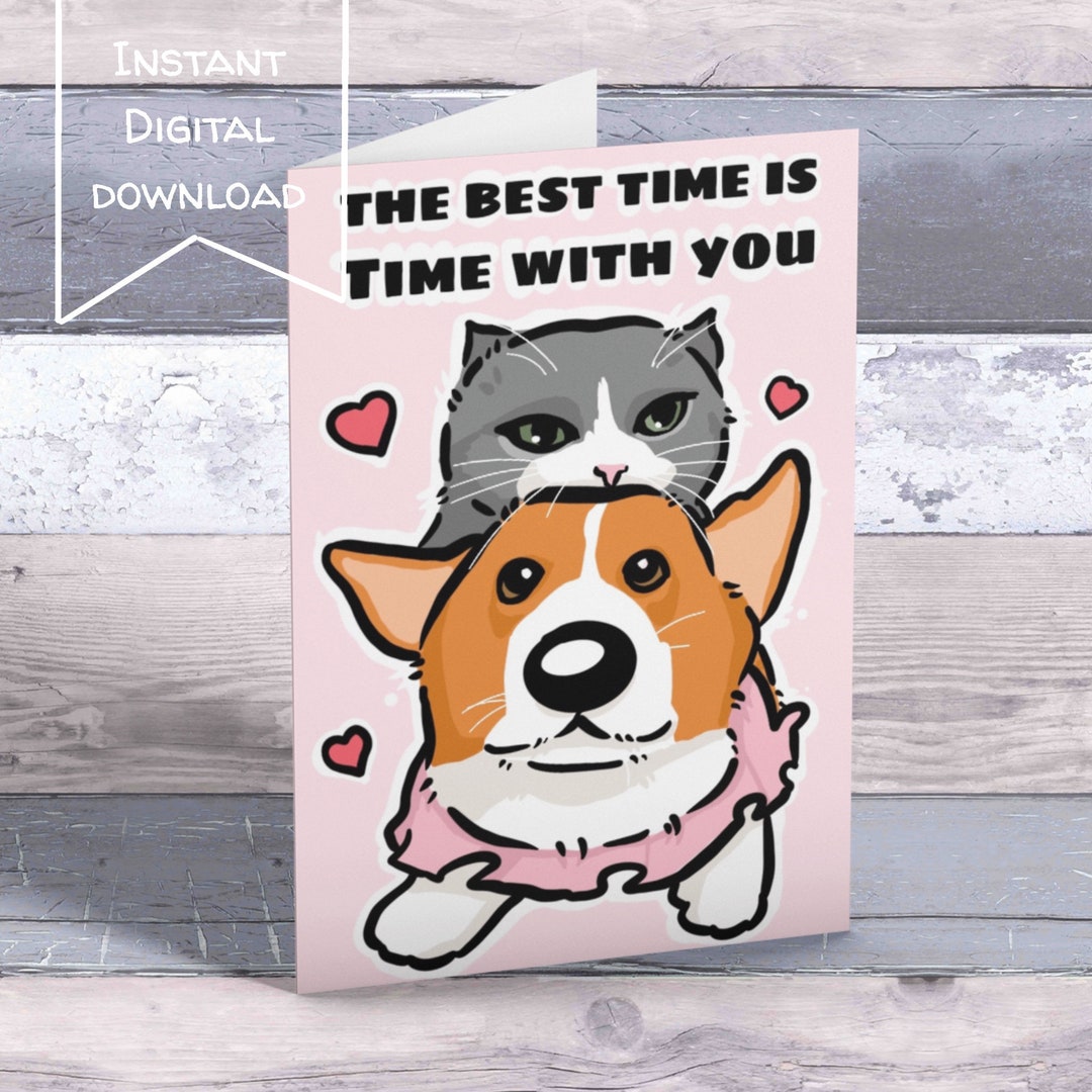 Printable Cat Dog Valentines Card, Printable Love Card Cute, 5 X 7 ...