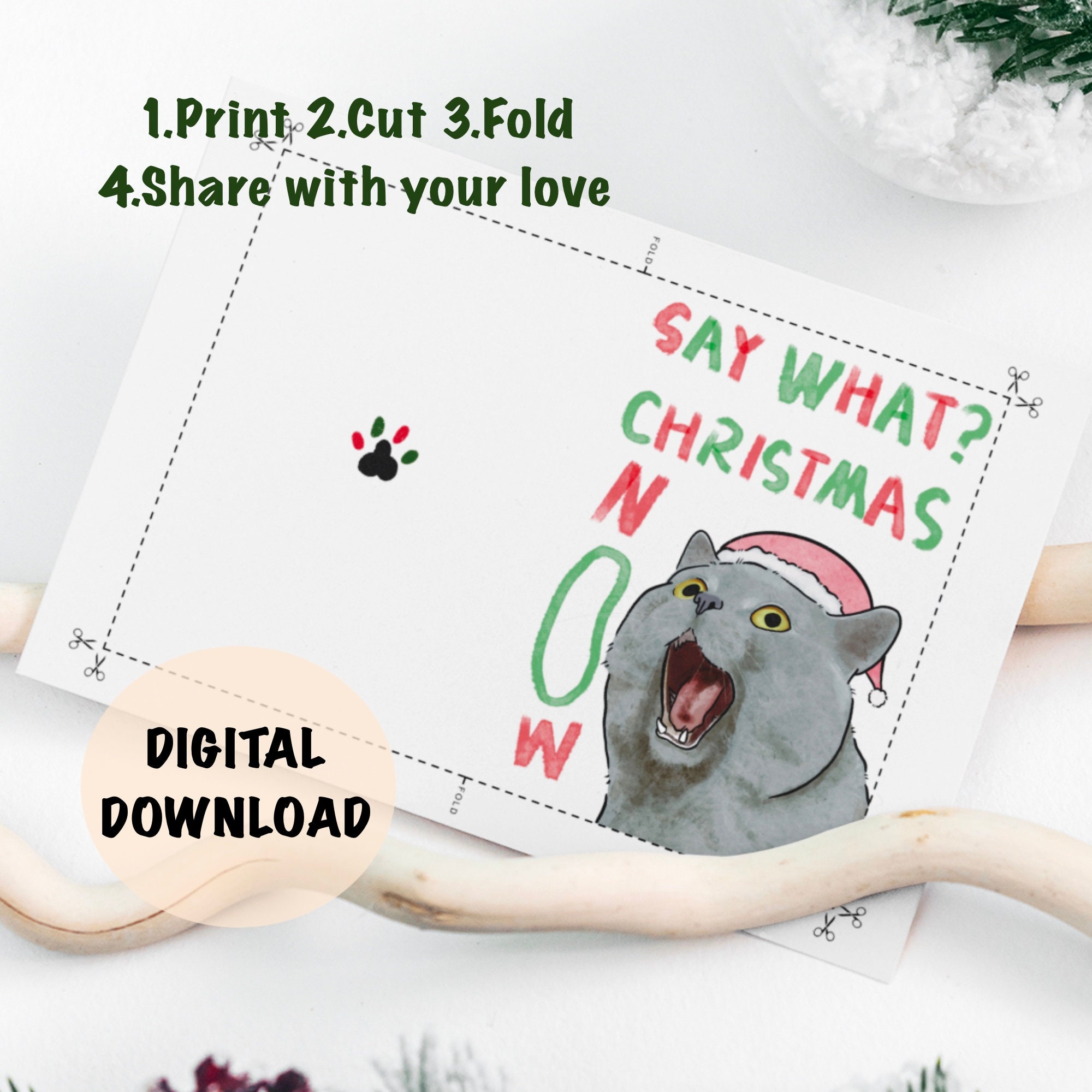 Printable Cat Christmas Card Printable Christmas Card Funny - Etsy