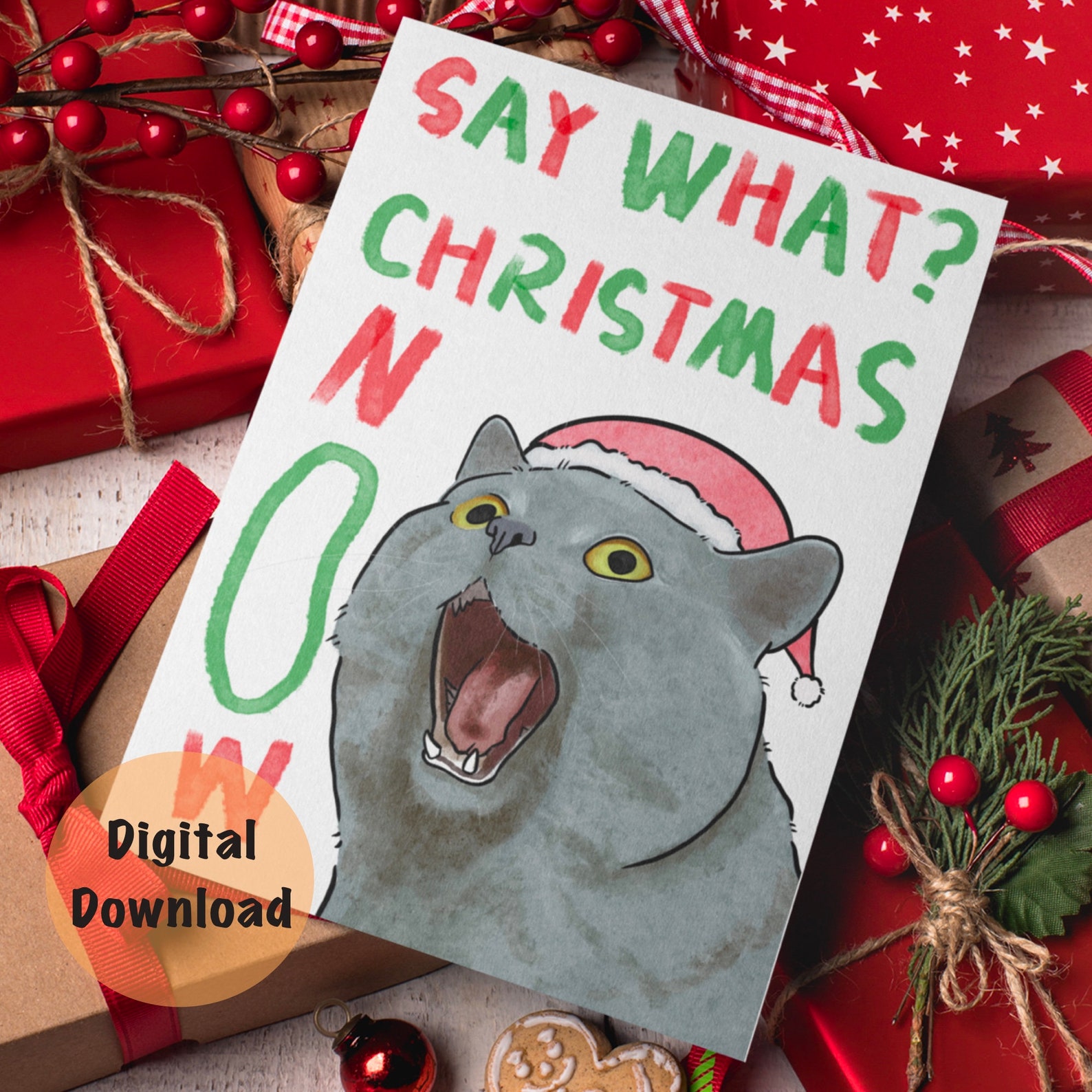 Printable Cat Christmas Card, Printable Christmas Card Funny, 5 X 7 ...