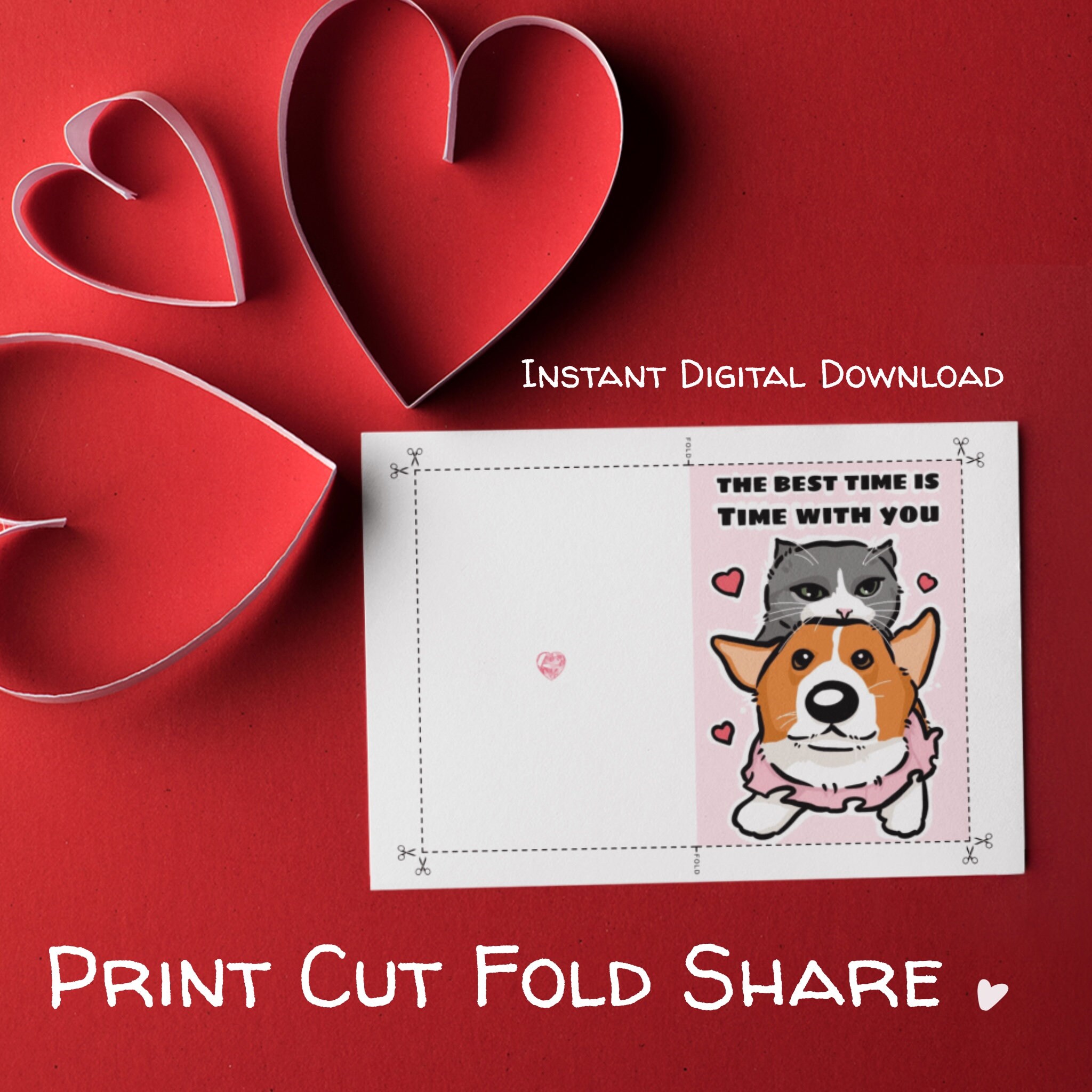 Printable Cat Dog Valentines Card, Printable Love Card Cute, 5 X 7 ...