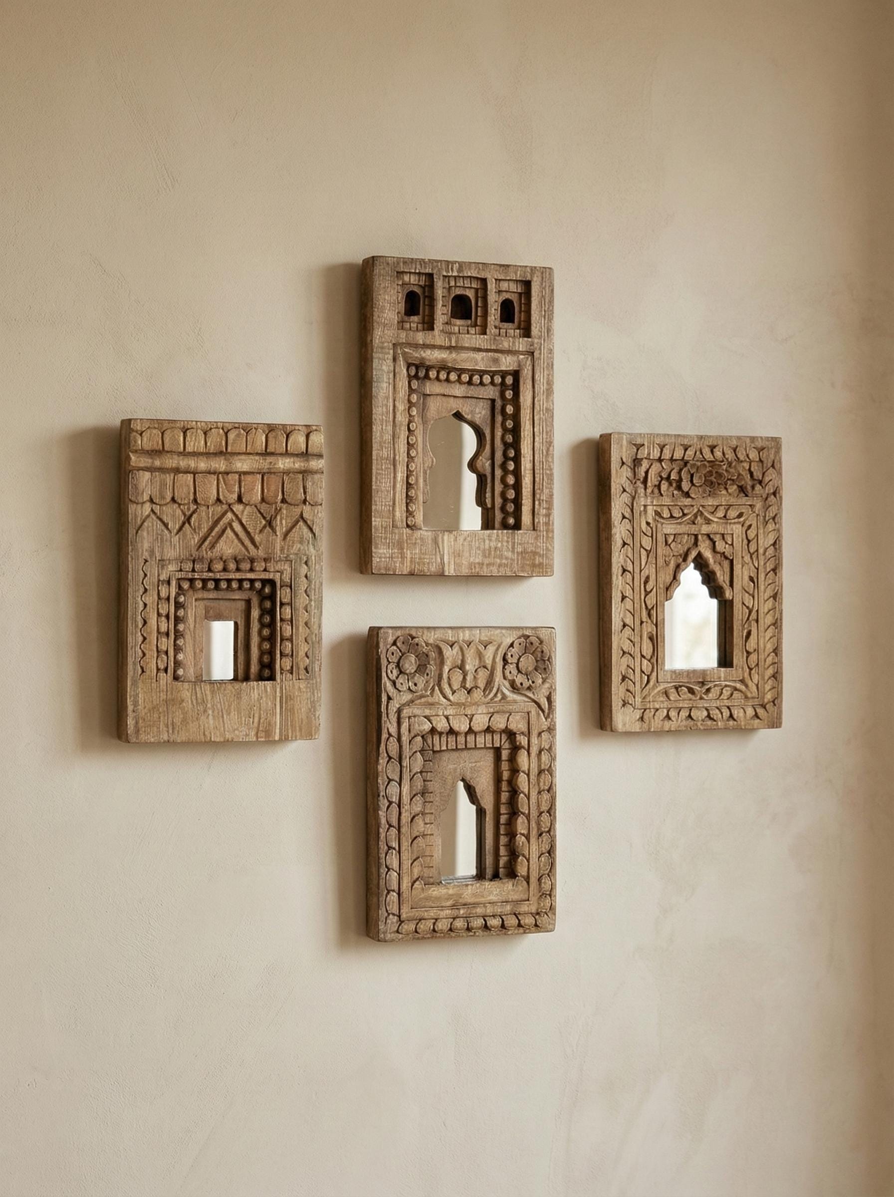 Rustic Carved Wood Mirror Jharokha Wall Decor Art Set of 4 - Etsy