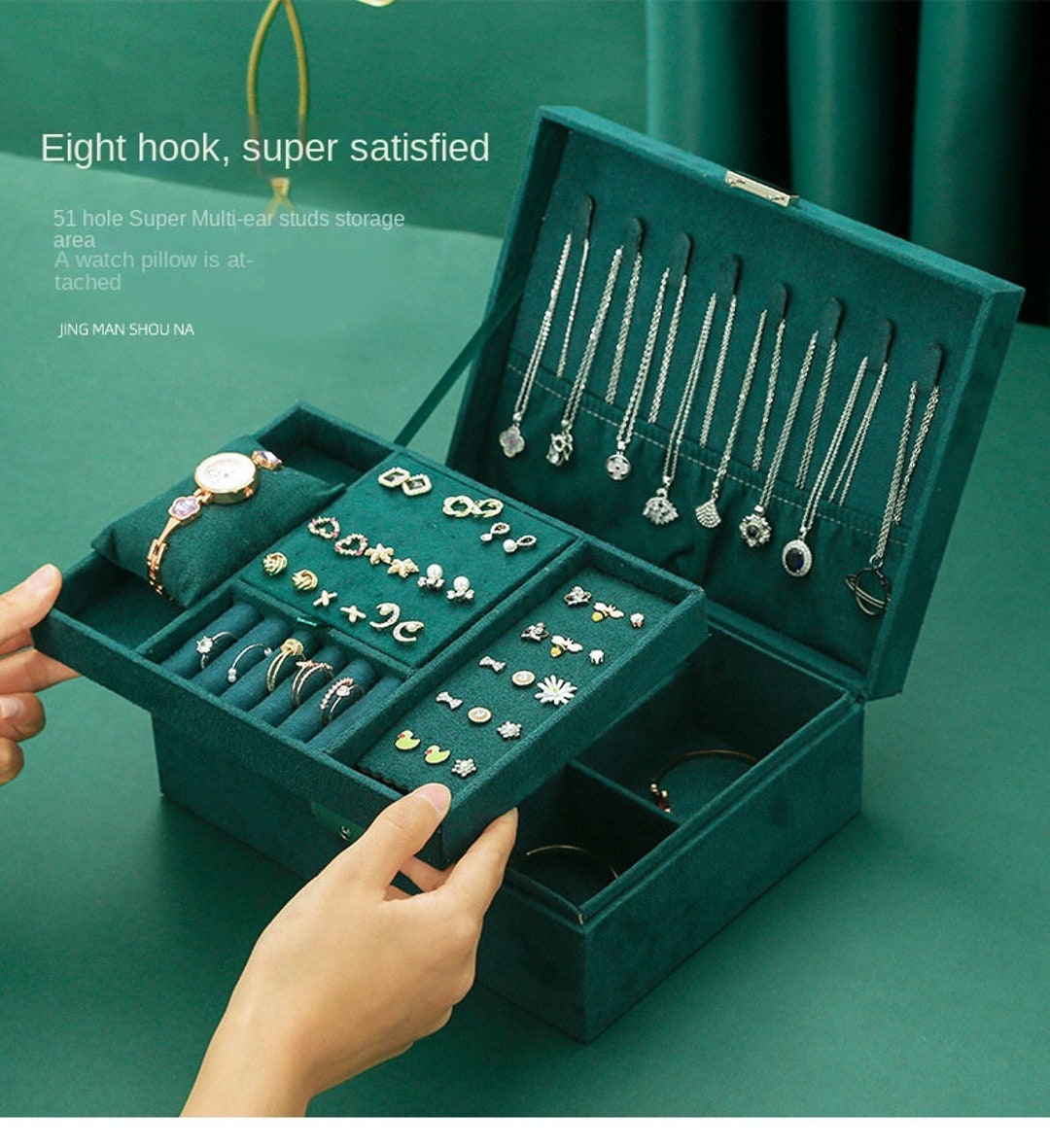 Vintage Green Velvet Jewelry Box, Handmade Jewelry Box, Large Jewelry ...