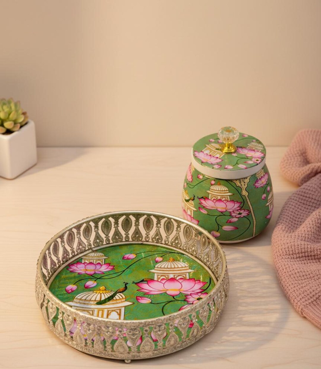 Hand-painted Lotus Jar & Ornate Silver Tray: Indian Trinket Box - Etsy
