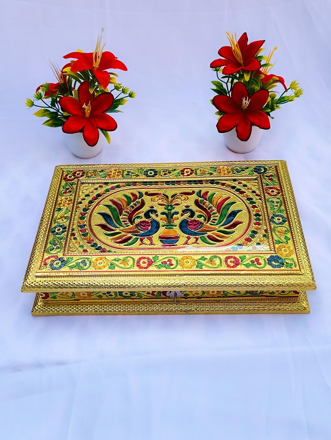 Handcrafted Wooden Sweets Box, Gold Peacock Design, Indian Diwali Gift ...