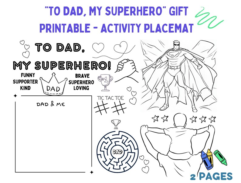 To Dad, My Superhero! Father’s Day Gift Coloring Activity Placemat ...