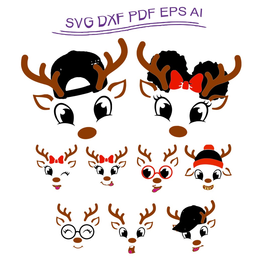 Christmas Reindeer Faces SVG PNG Bundle, Girl Reindeer SVG, Boy ...