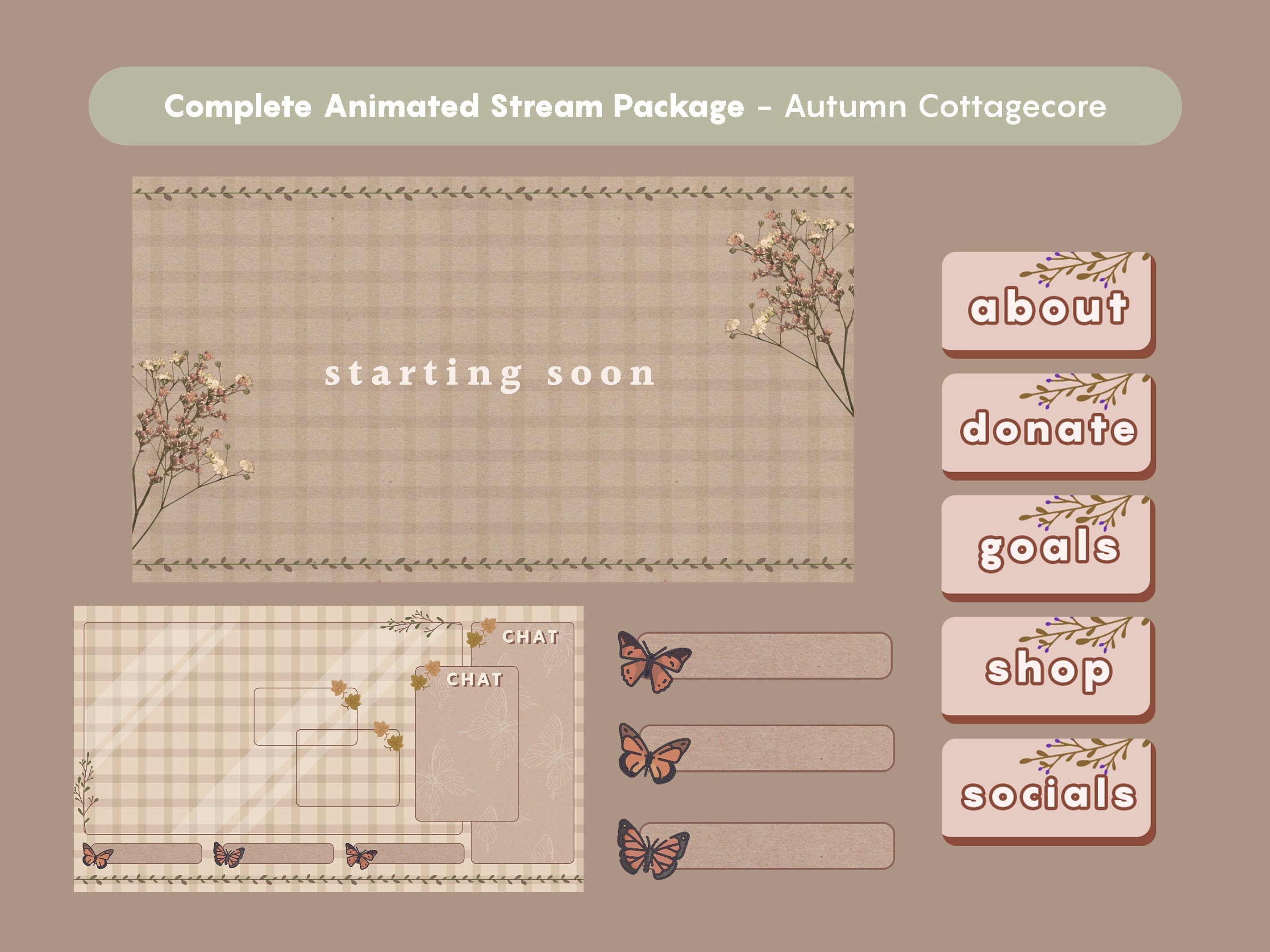 Full Animated Twitch Stream Pack Autumn Cottagecore, Minimalist Aesthetic, Cozy Brown, Overlay ...