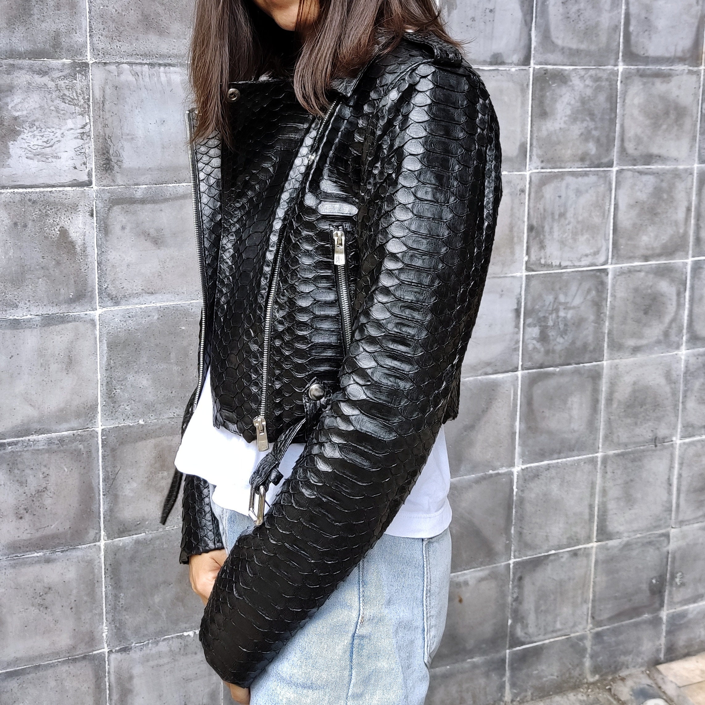 Black Leather Jacket Python Skin - Etsy