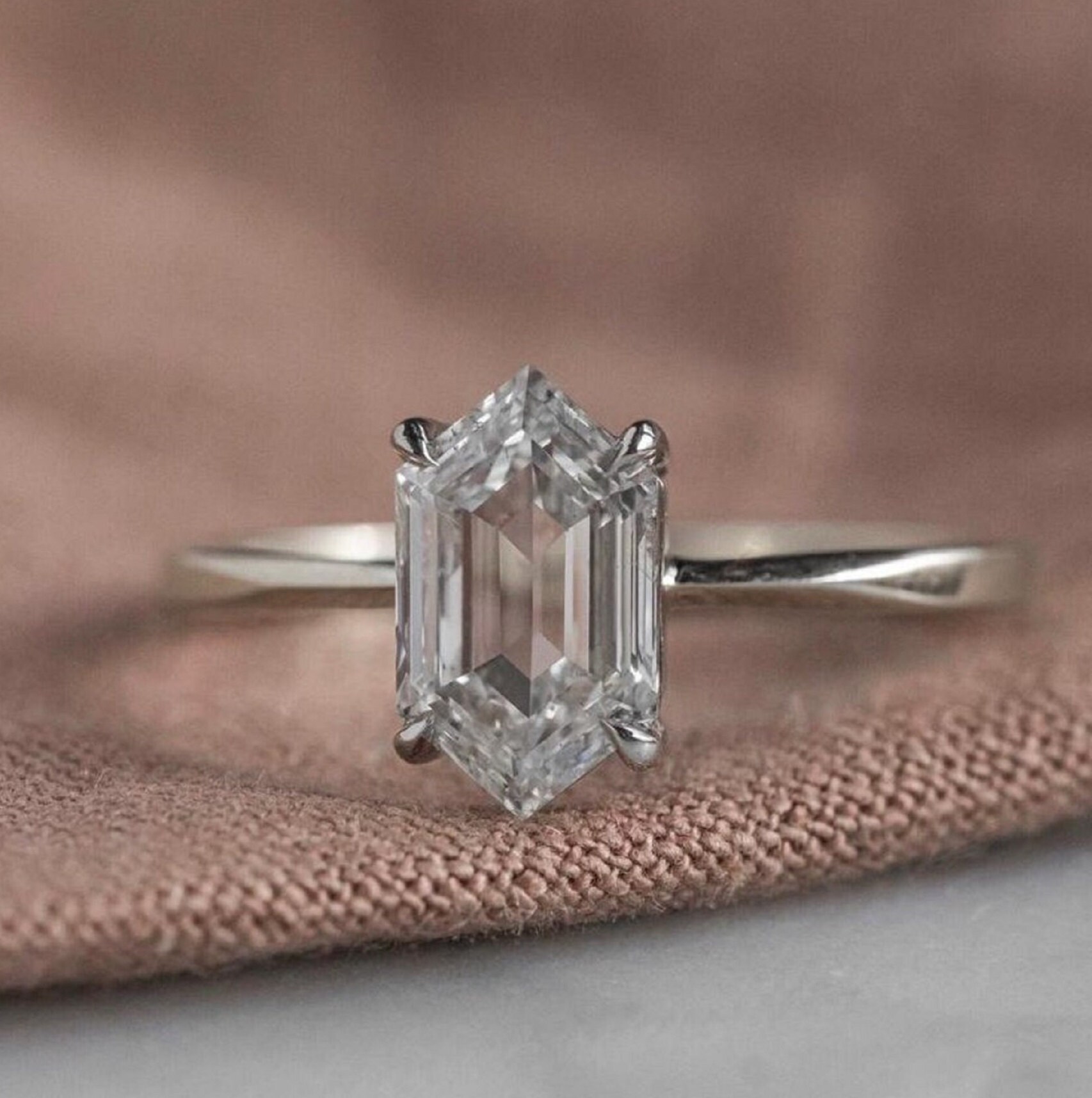 Hexagon Step Cut Lab Grown Diamond Ring, Solitaire Engagement Ring, 2 ...