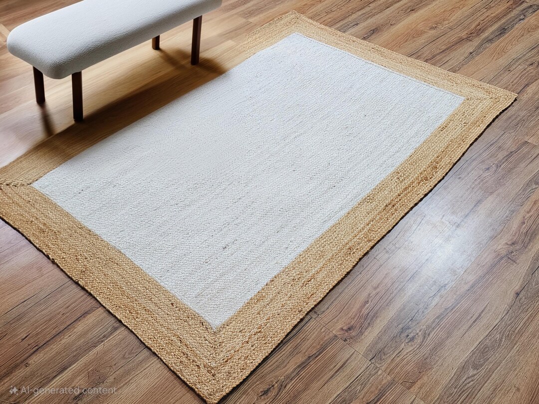 Solid Bordered White Boho Jute Rug Large Area Rug Handmade Jute Rug ...