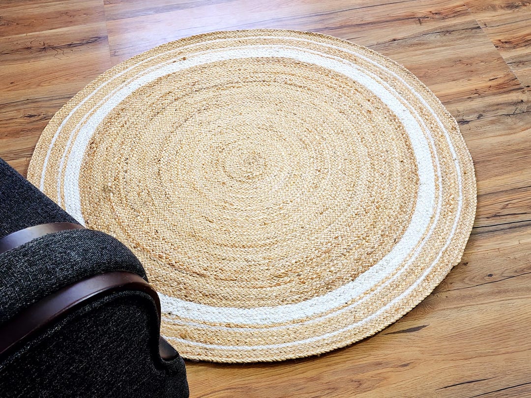 Handmade Indian Jute Rug: White Border Braided Round Rug - Etsy