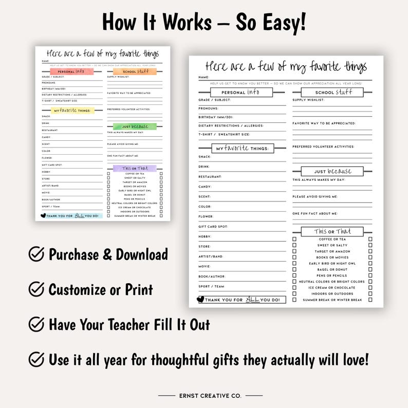 Editable Teacher Favorite Things Questionnaire Printable | All About My ...