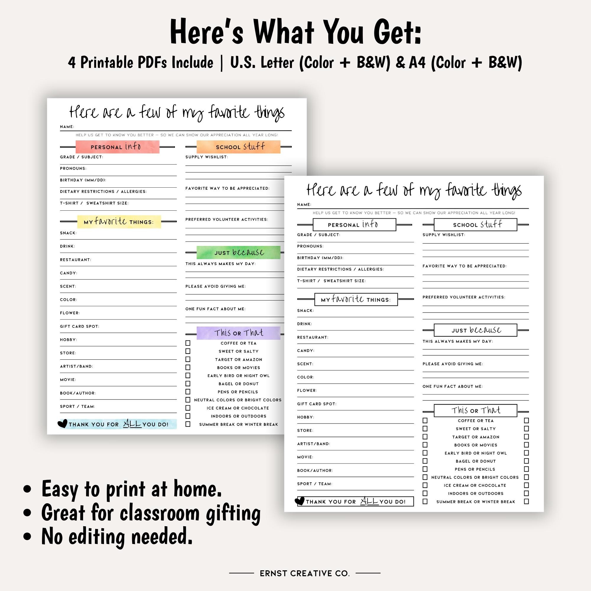 Teacher Favorite Things Questionnaire Printable | All About My Teacher ...