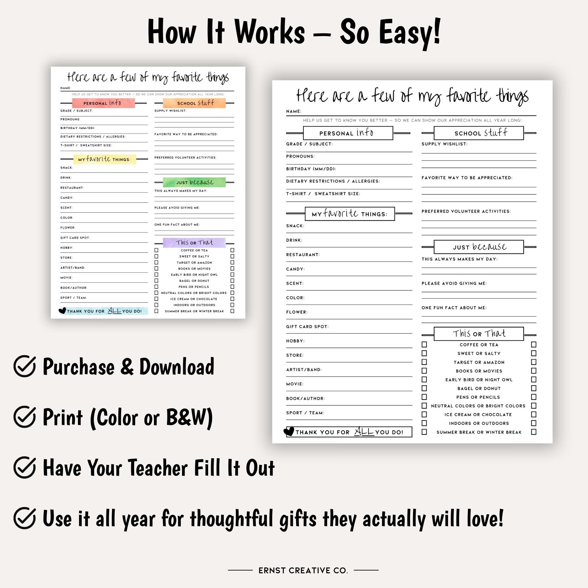 Teacher Favorite Things Questionnaire Printable | All About My Teacher ...