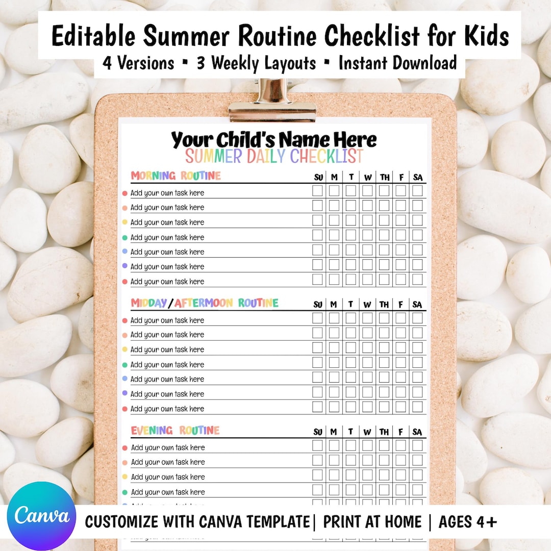 Editable Chore Chart for Kids | Screentime Checklist | Summer ...