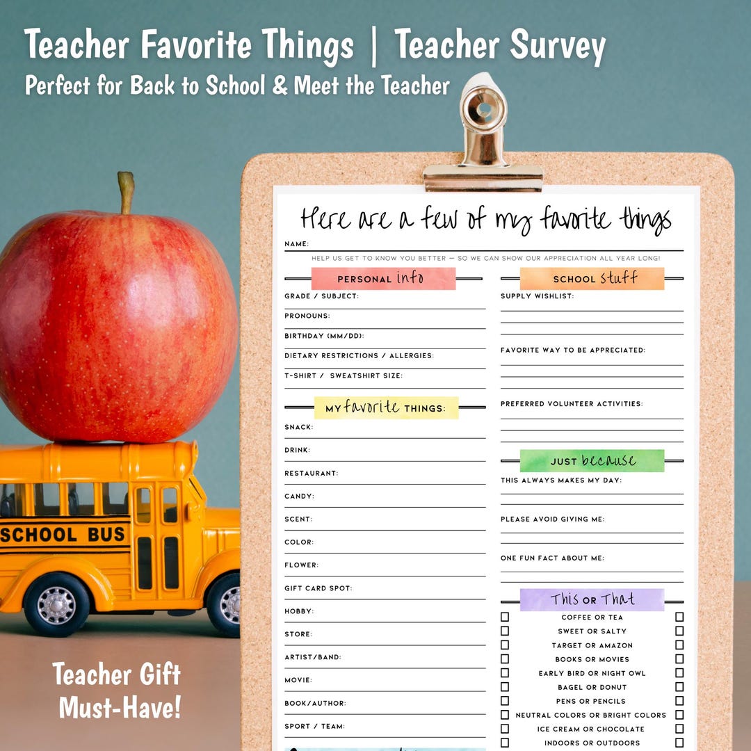 Teacher Favorite Things Questionnaire Printable | All About My Teacher ...