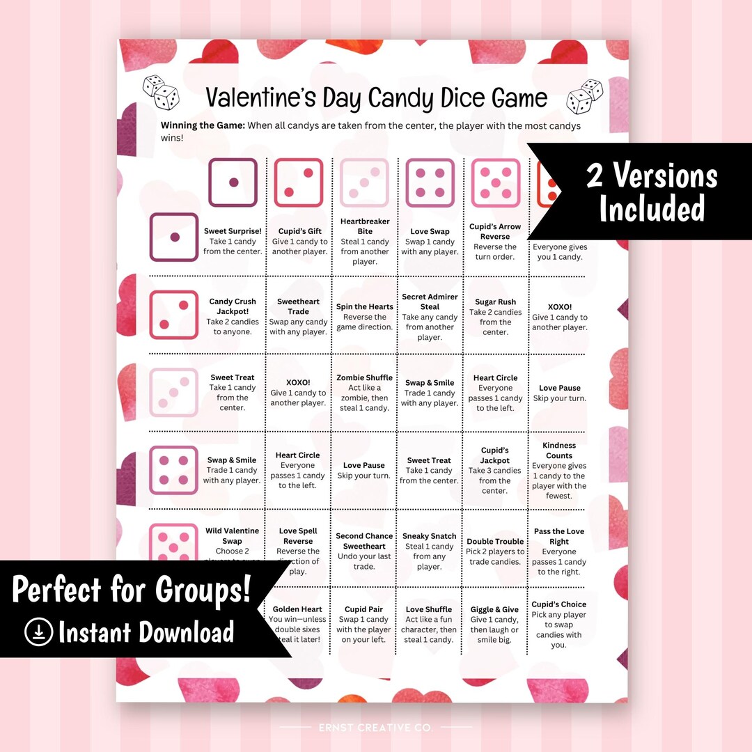 Valentine Dice Game | Two Dice Candy Exchange Game Printable ...