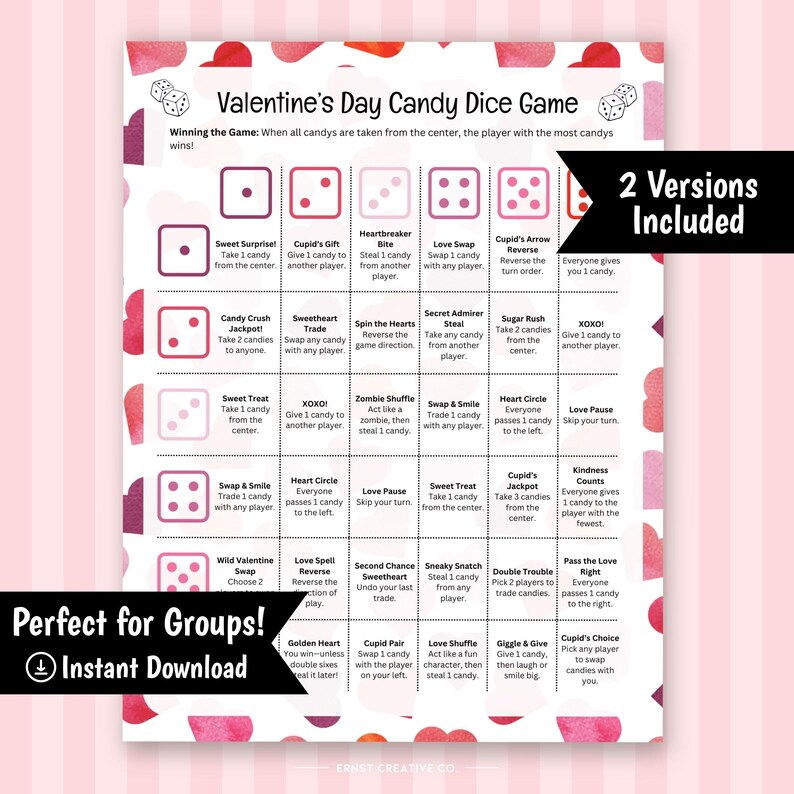 Valentine Dice Game | Two Dice Candy Exchange Game Printable ...