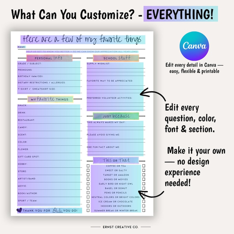 Editable Teacher Favorite Things Questionnaire Printable | All About My ...
